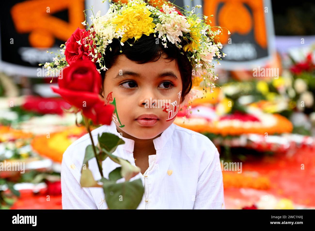 February 21, 2023: Central Shahid Minar with wreaths and flowers as the ...