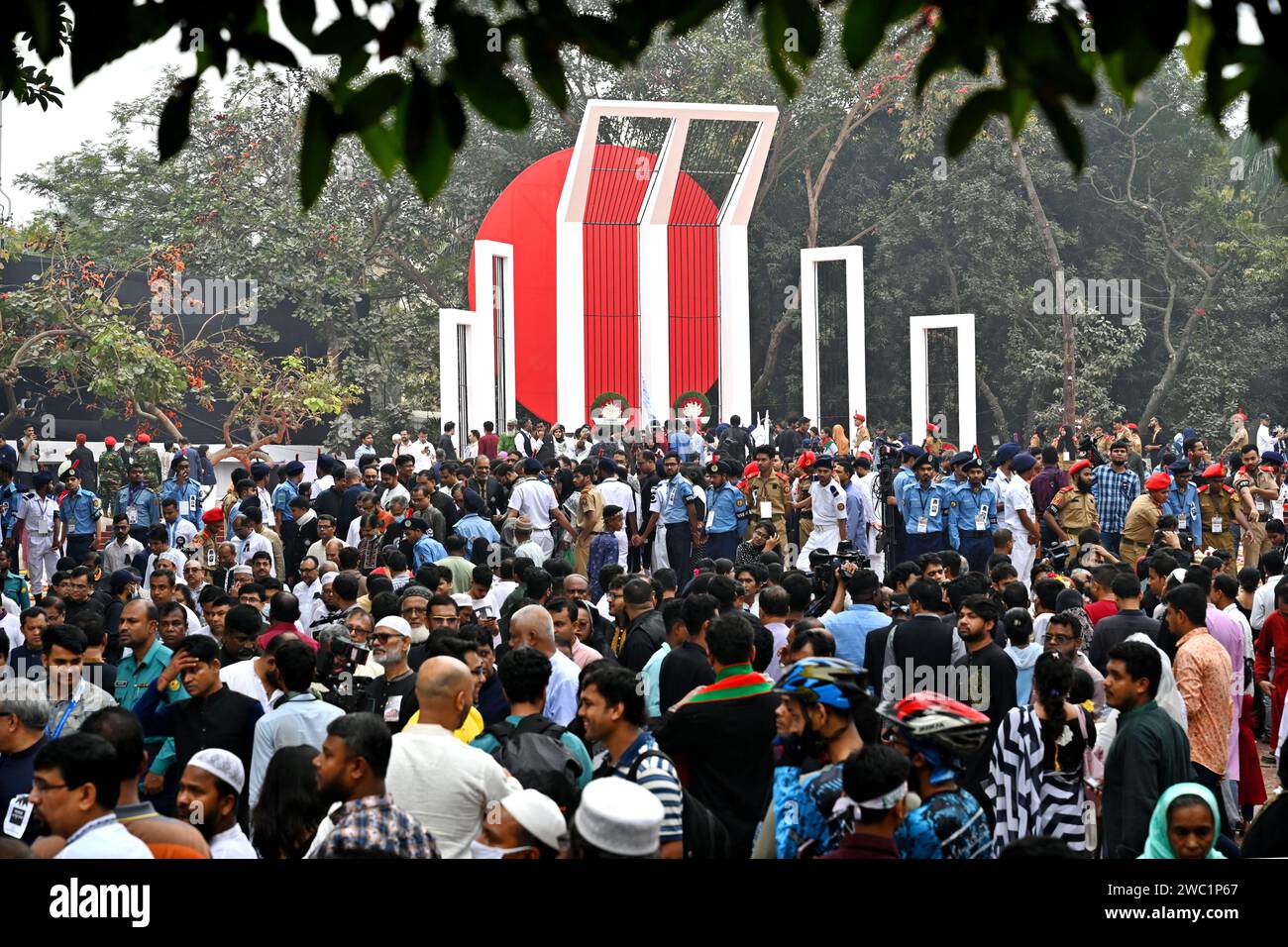 February 21, 2023: Central Shahid Minar with wreaths and flowers as the ...