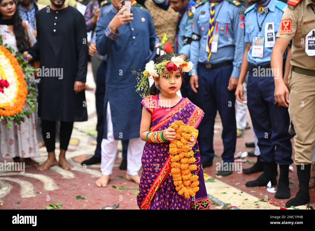 February 21, 2023: Central Shahid Minar with wreaths and flowers as the ...
