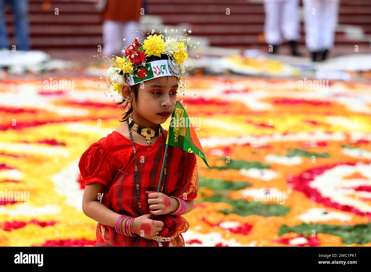 February 21, 2023: Central Shahid Minar with wreaths and flowers as the ...