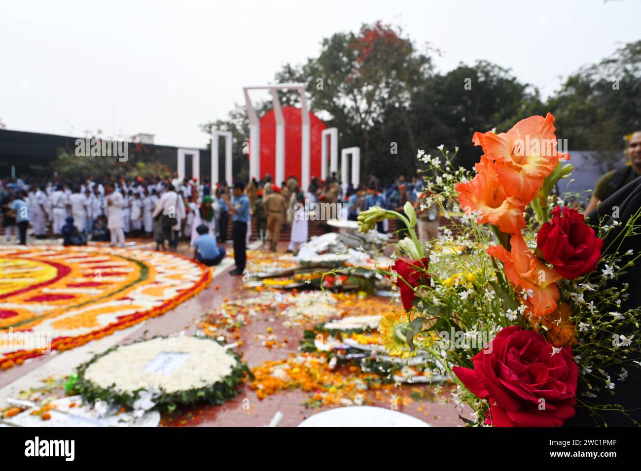 February 21, 2023: Central Shahid Minar with wreaths and flowers as the ...
