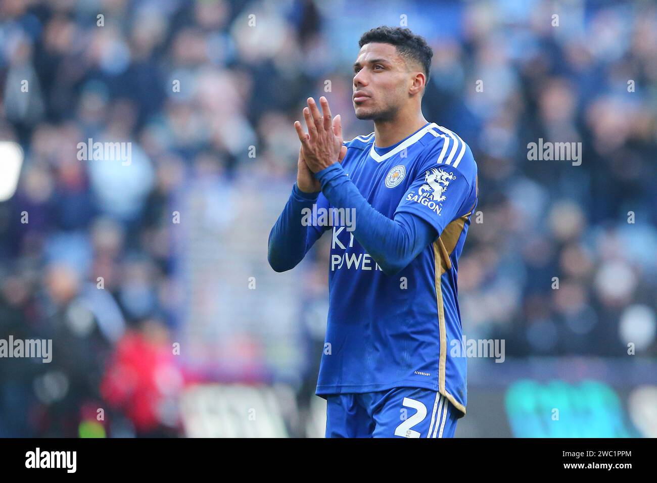 James Justin of Leicester City applauds the travelling fans after the ...