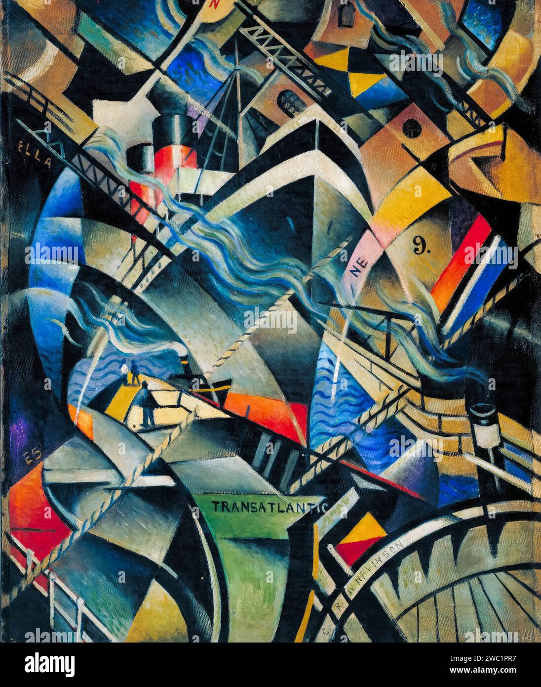 Christopher RW Nevinson, The Arrival, abstract painting in oil on ...