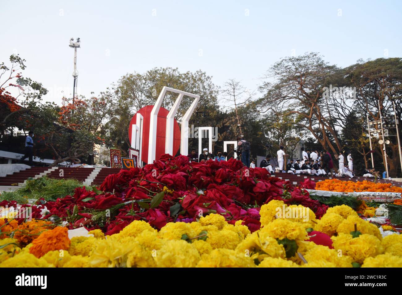 February 21, 2021: Central Shahid Minar with wreaths and flowers as the ...