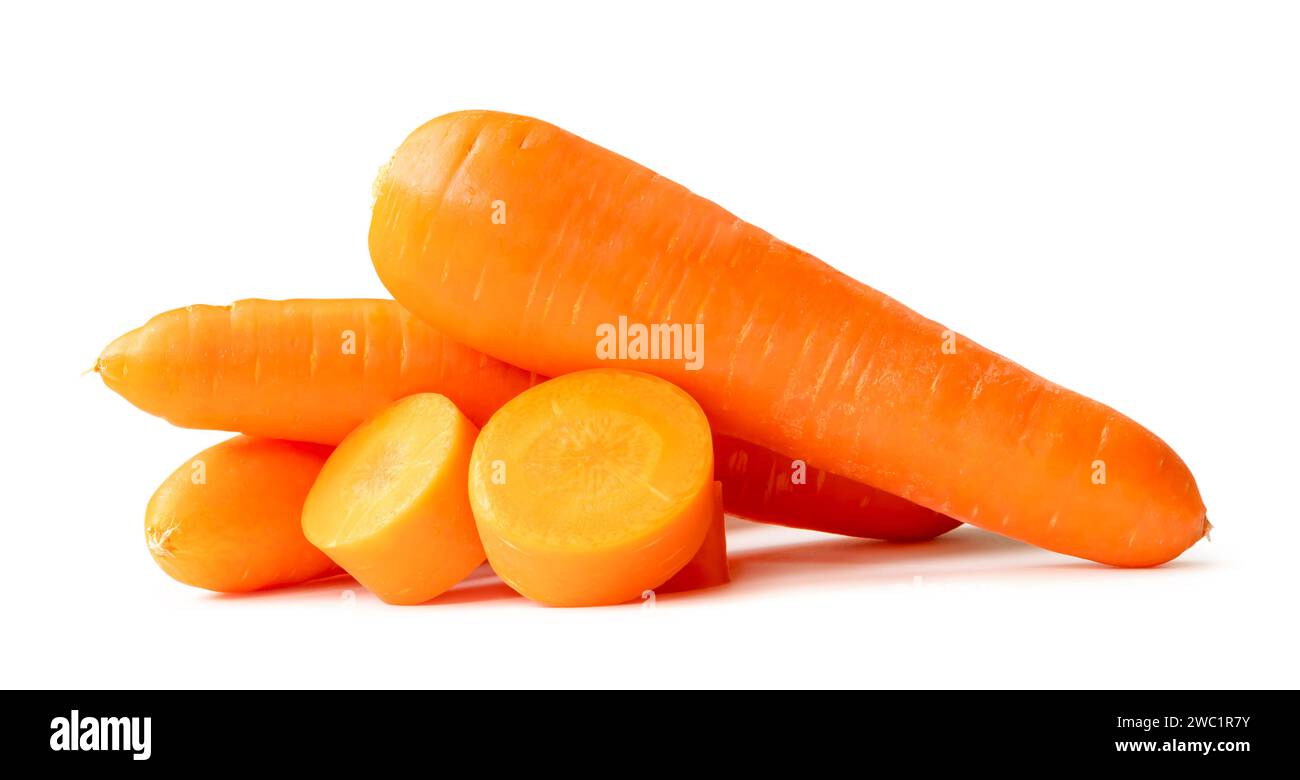 Two fresh orange carrots with slices in stack are isolated on white ...