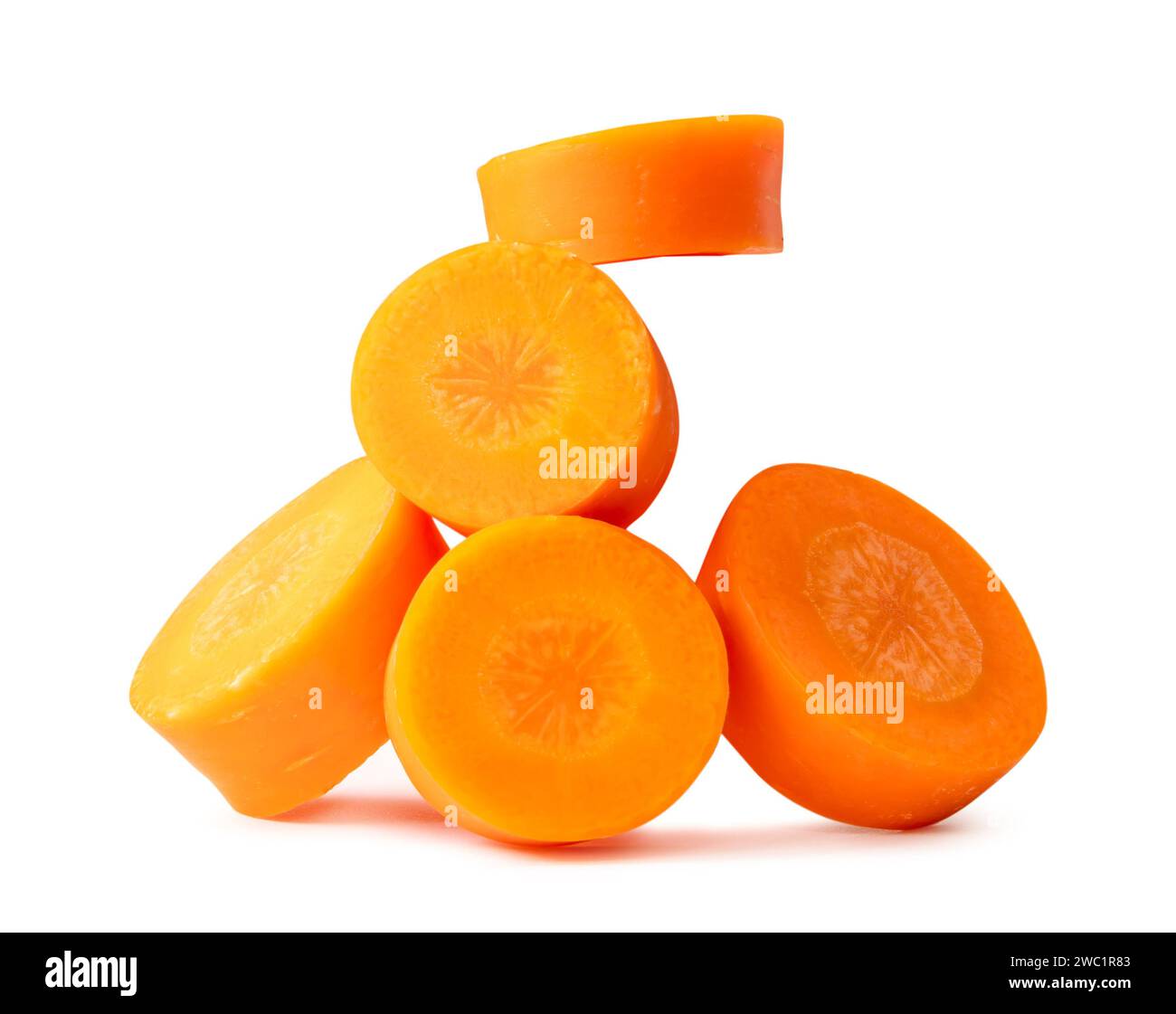 Front view of beautiful orange carrot slices in stack is isolated on ...