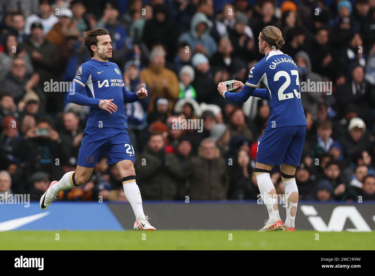 London, UK. 13th Jan, 2024. Ben Chilwell of Chelsea returns from a long ...