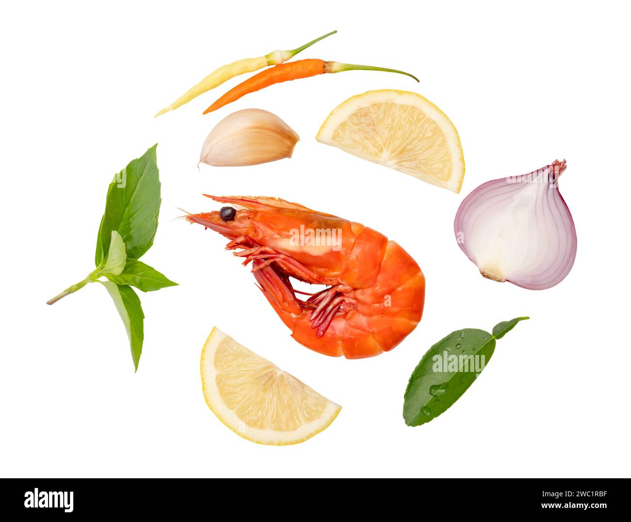 Single red cooked prawn or shrimp with spice or seasoning in set ...