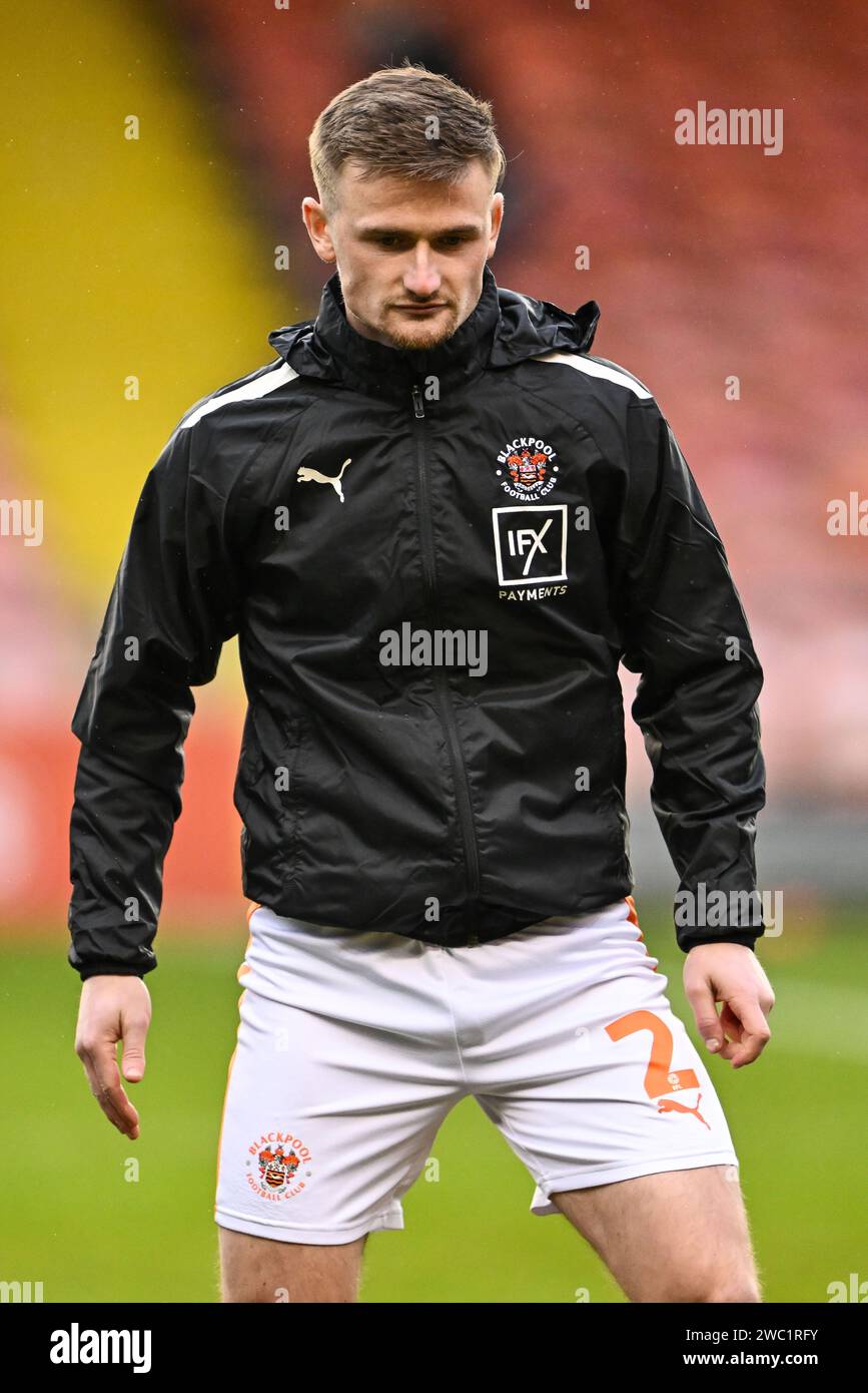 Callum Connolly of Blackpool during the pre-game warmup ahead of the ...