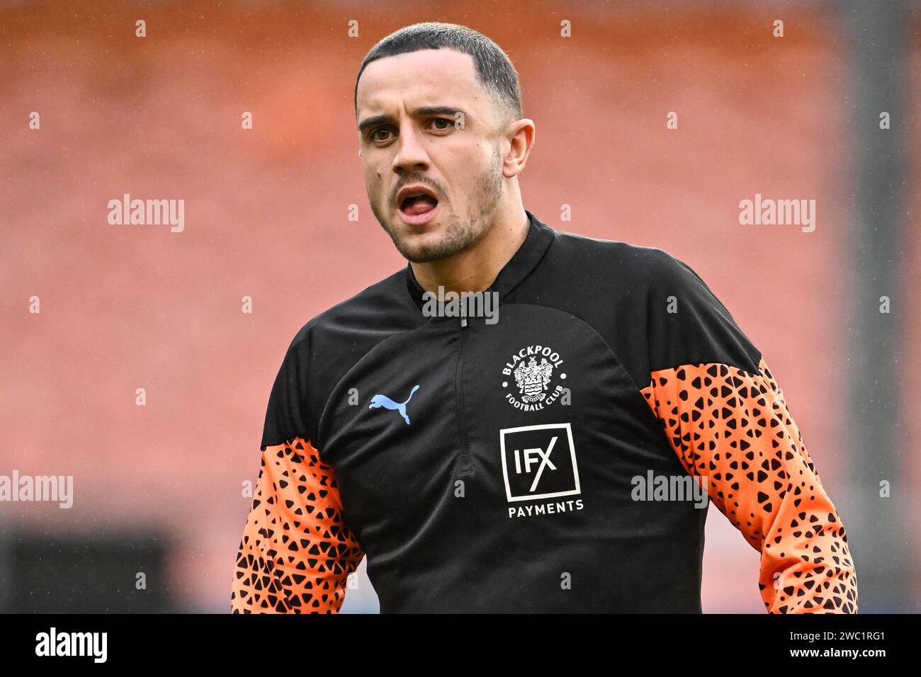 Oliver Norburn of Blackpool during the pre-game warmup ahead of the Sky ...