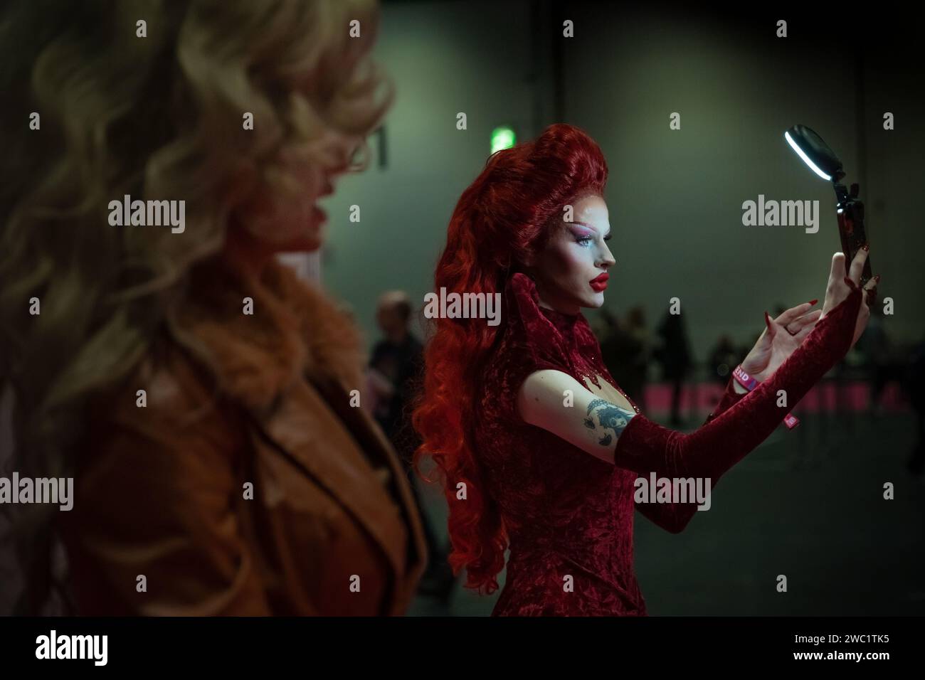 London, UK. 13th January 2024. Vibrant Drag Queens and fans arrive at ...