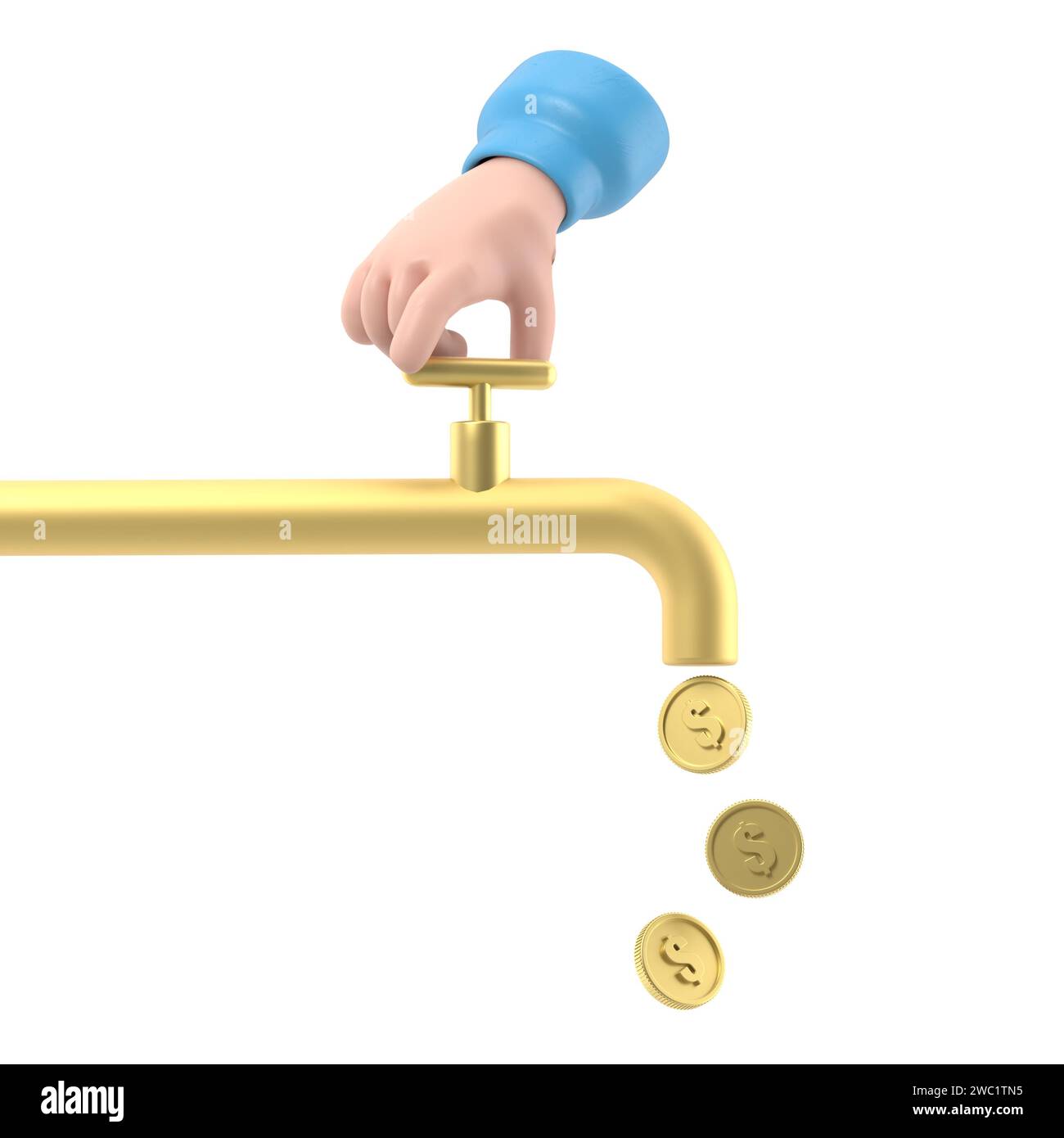 Money tap. 3d illustration flat design. Open a water tap,gold coins ...