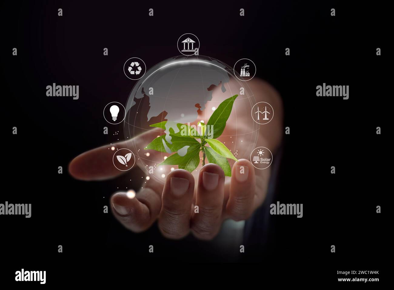 Hand holding glass globe protecting. Saving environment, save clean ...