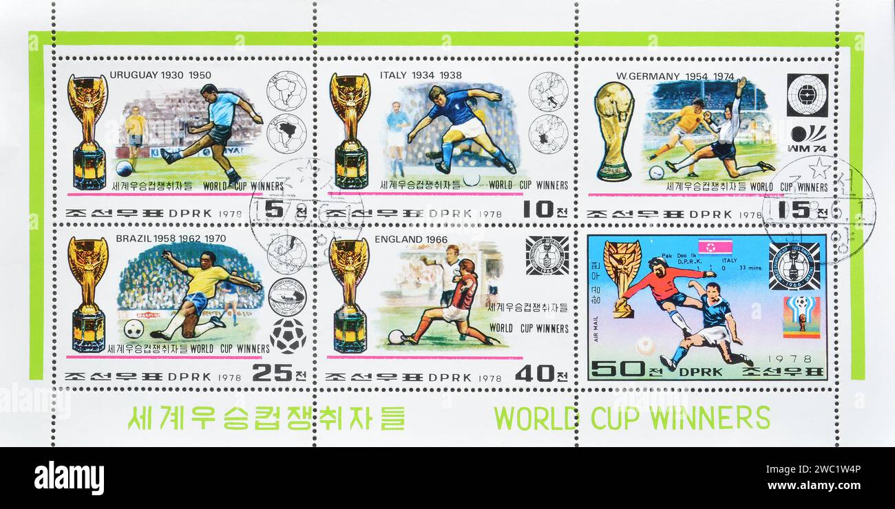 Souvenir Sheet with cancelled postage stamps printed by North Korea ...