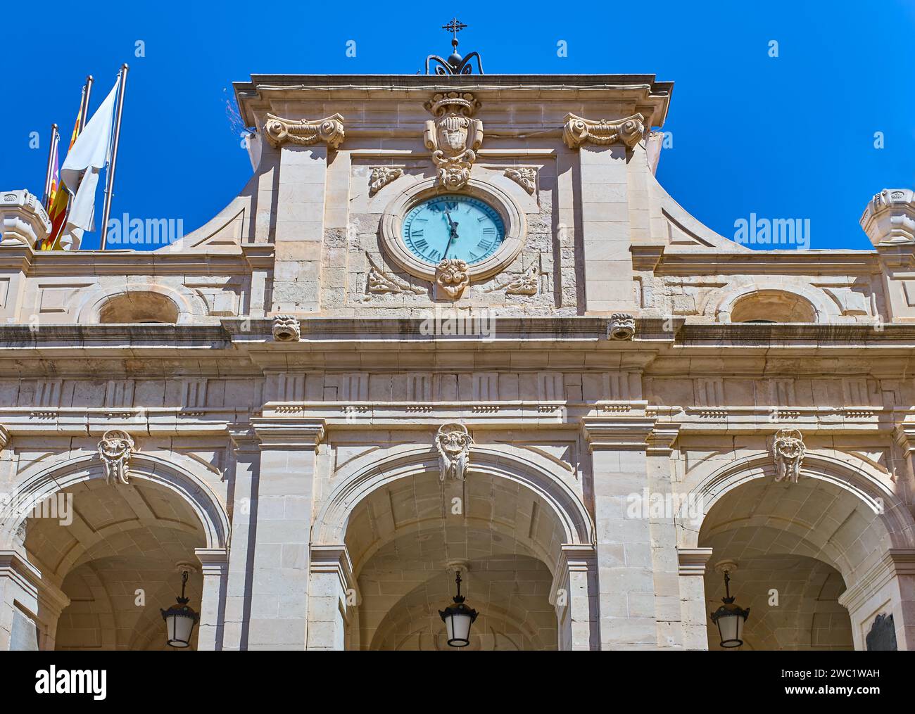 Mahon/Menorca, Spain, the facade with clock of the Municipality ...