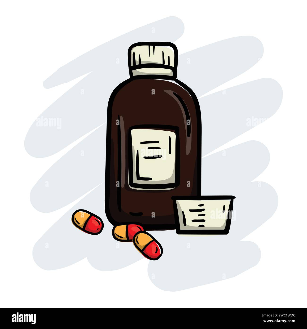 Bright hand drawn doodle illustration with medicines. Cough syrup with ...