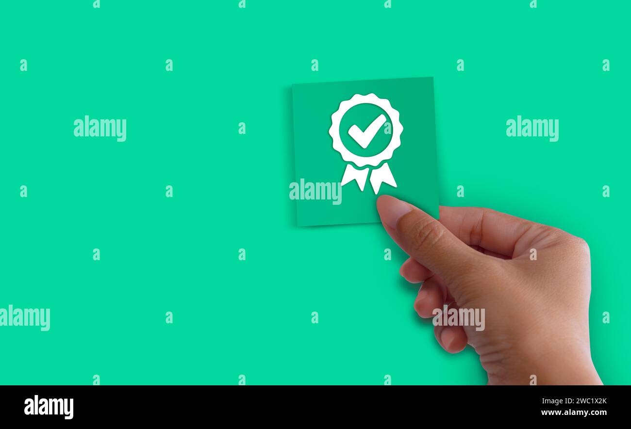 Hand shows the sign of the top service Quality assurance 5 star on ...