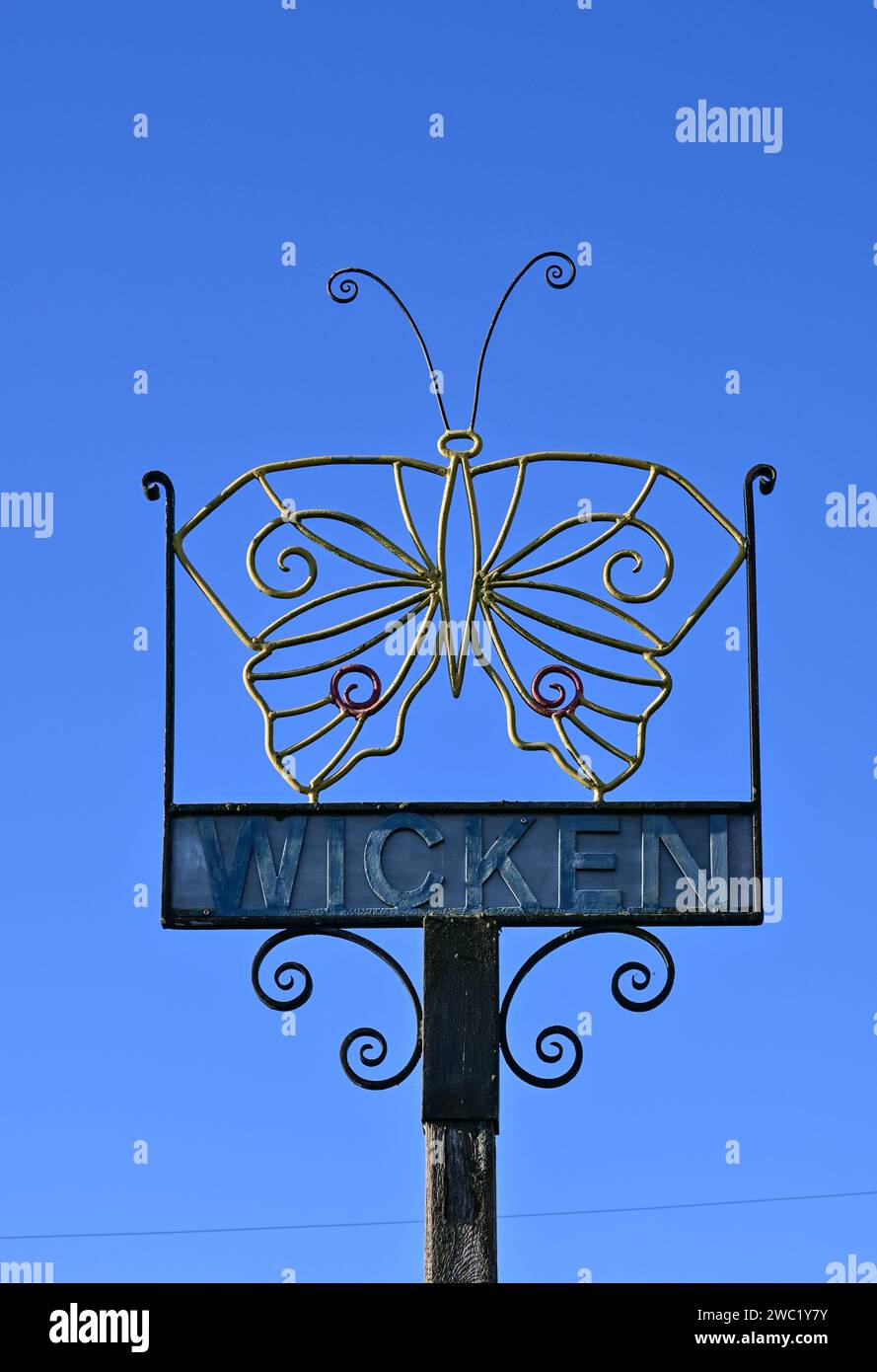 Village sign with butterfly, Wicken, Cambridgeshire, England, UK Stock ...