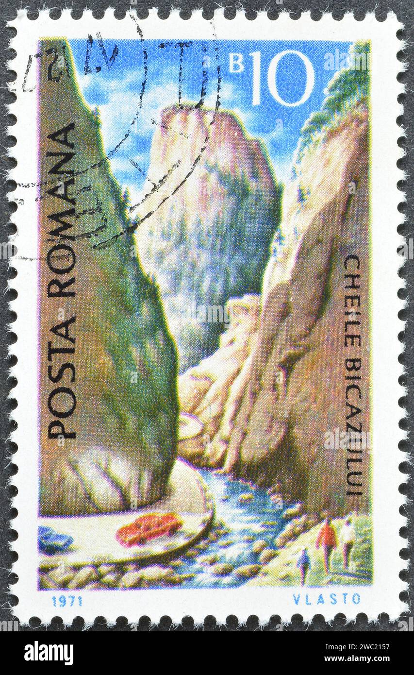 Cancelled postage stamp printed by Romania, that Bicaz Pass, circa 1971 ...