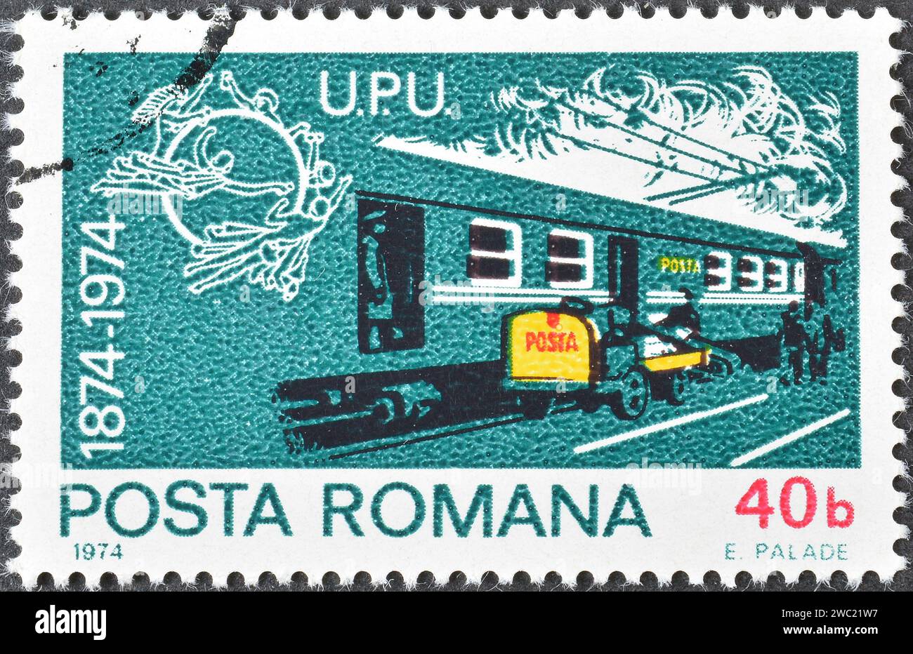 Cancelled postage stamp printed by Romania, that Mail train, promoting ...