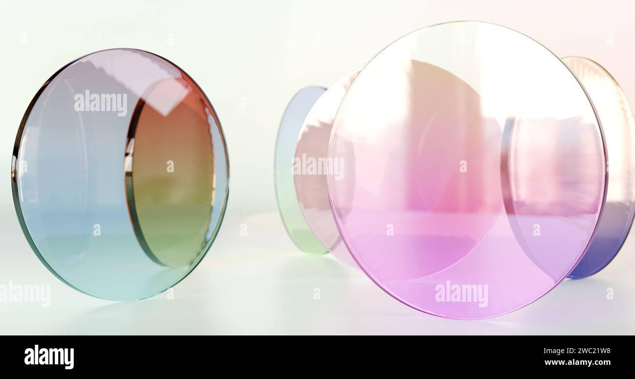 Colorful translucent glass blocks on light background, round lenses. 3d ...