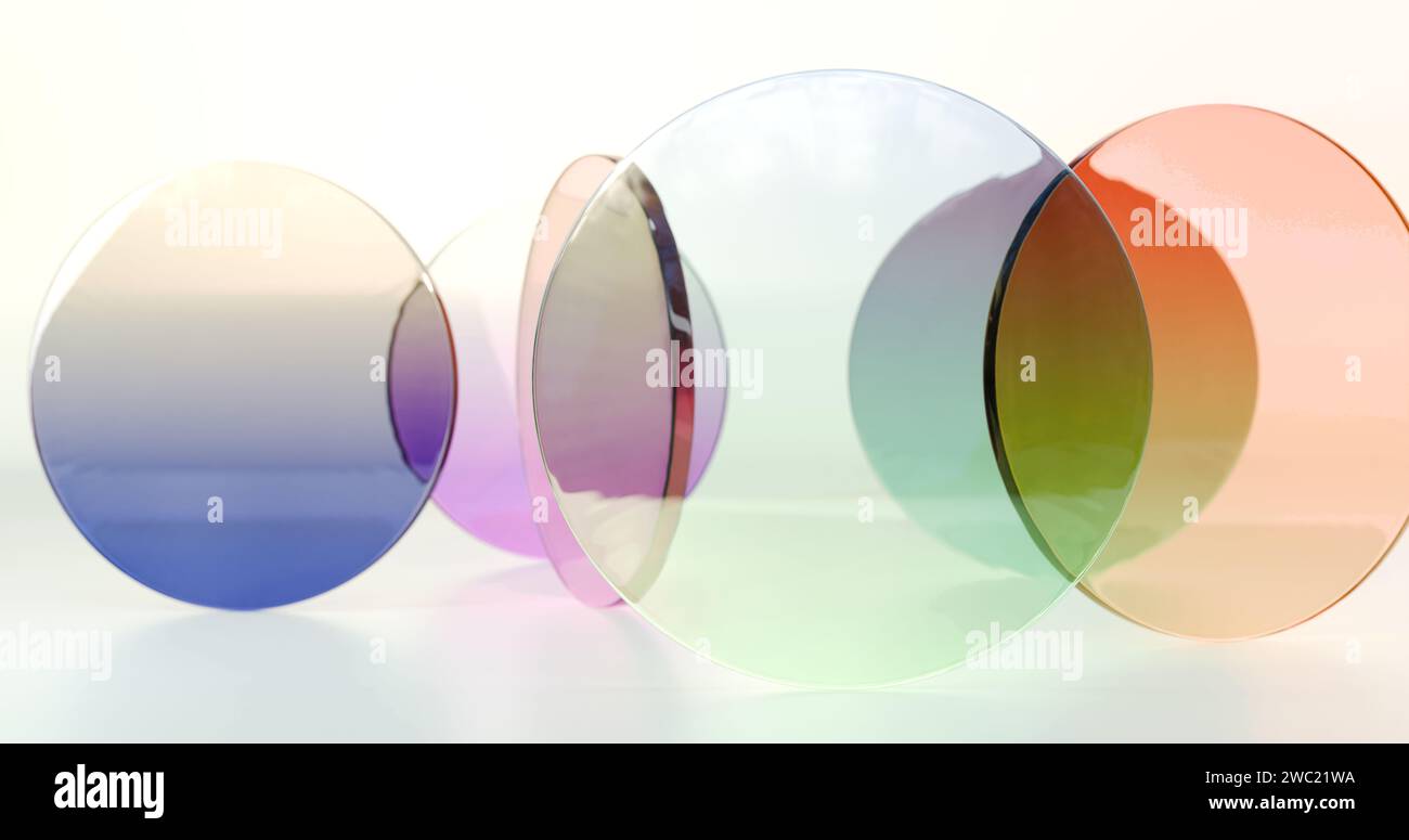 Colorful translucent glass blocks on light background, round lenses. 3d ...