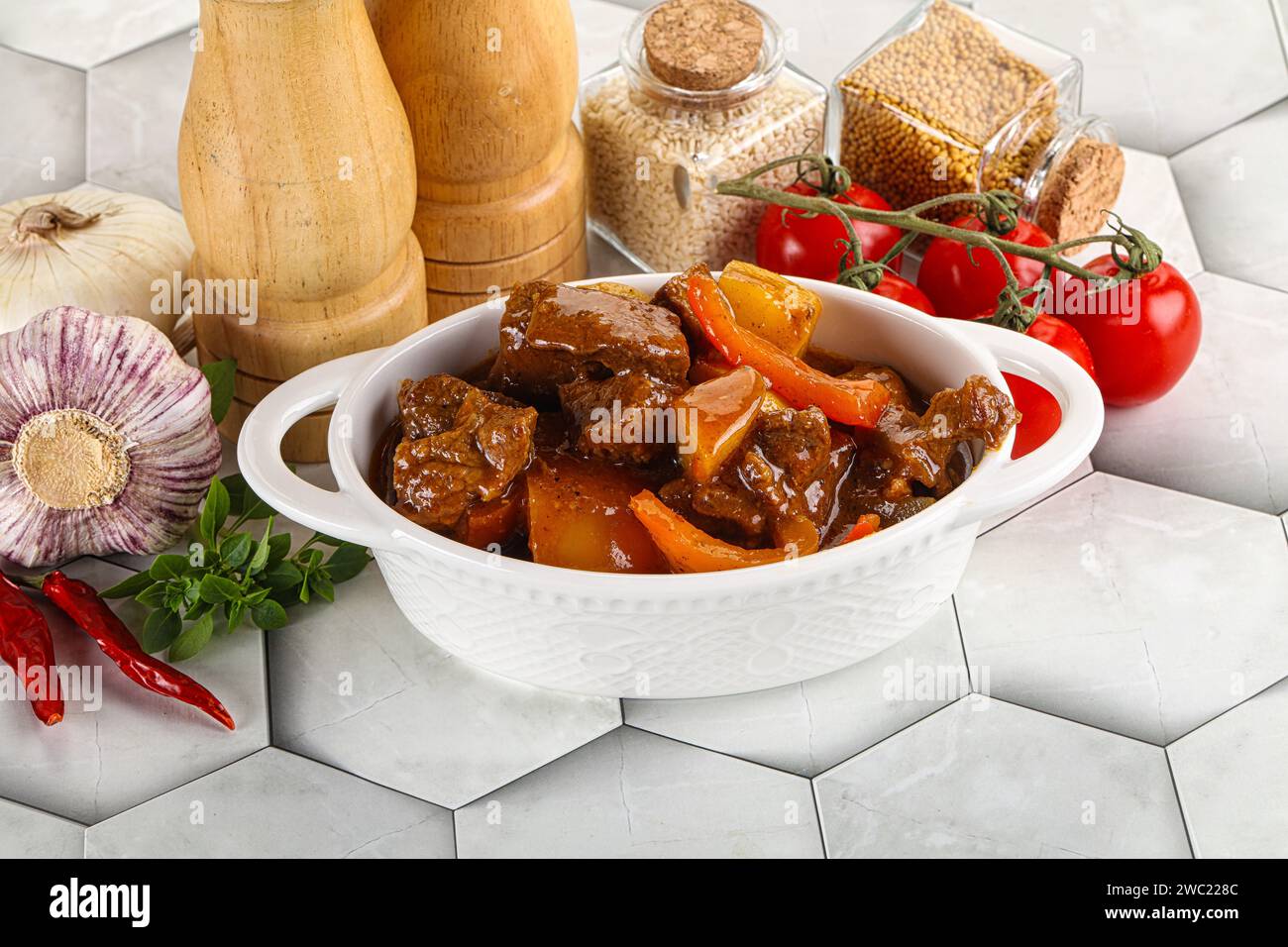 Homemade beef hungarian goulash with potato, pepper and tomato Stock ...