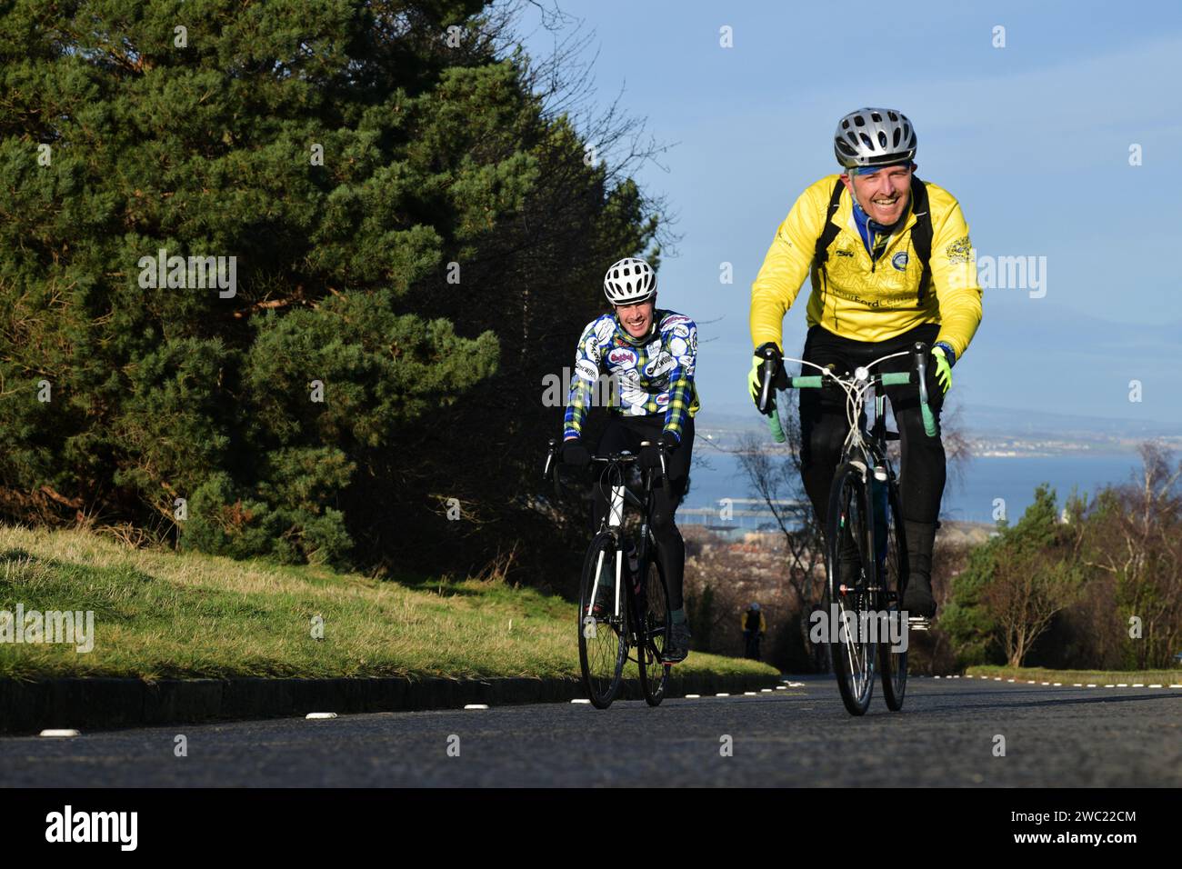 Edinburgh Scotland, UK 13 January 2024. Cyclists in Holyrood Park for 3 ...