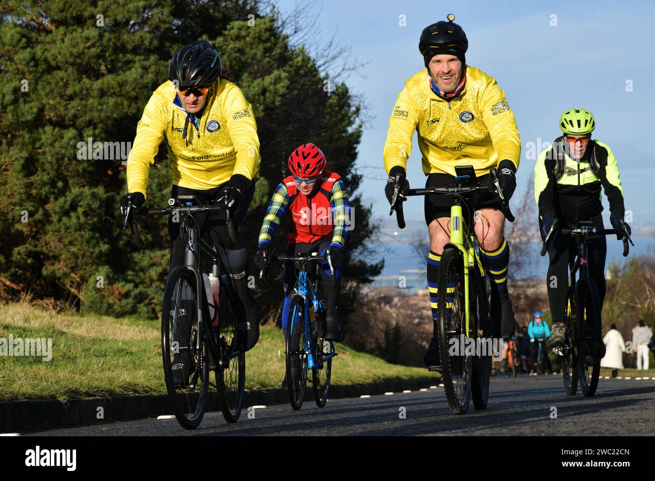 Edinburgh Scotland, UK 13 January 2024. Cyclists in Holyrood Park for 3 ...