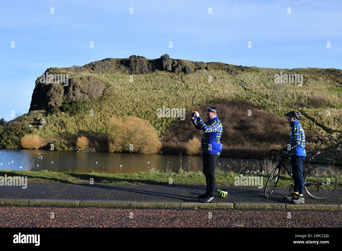 Edinburgh Scotland, UK 13 January 2024. Cyclists in Holyrood Park for 3 ...