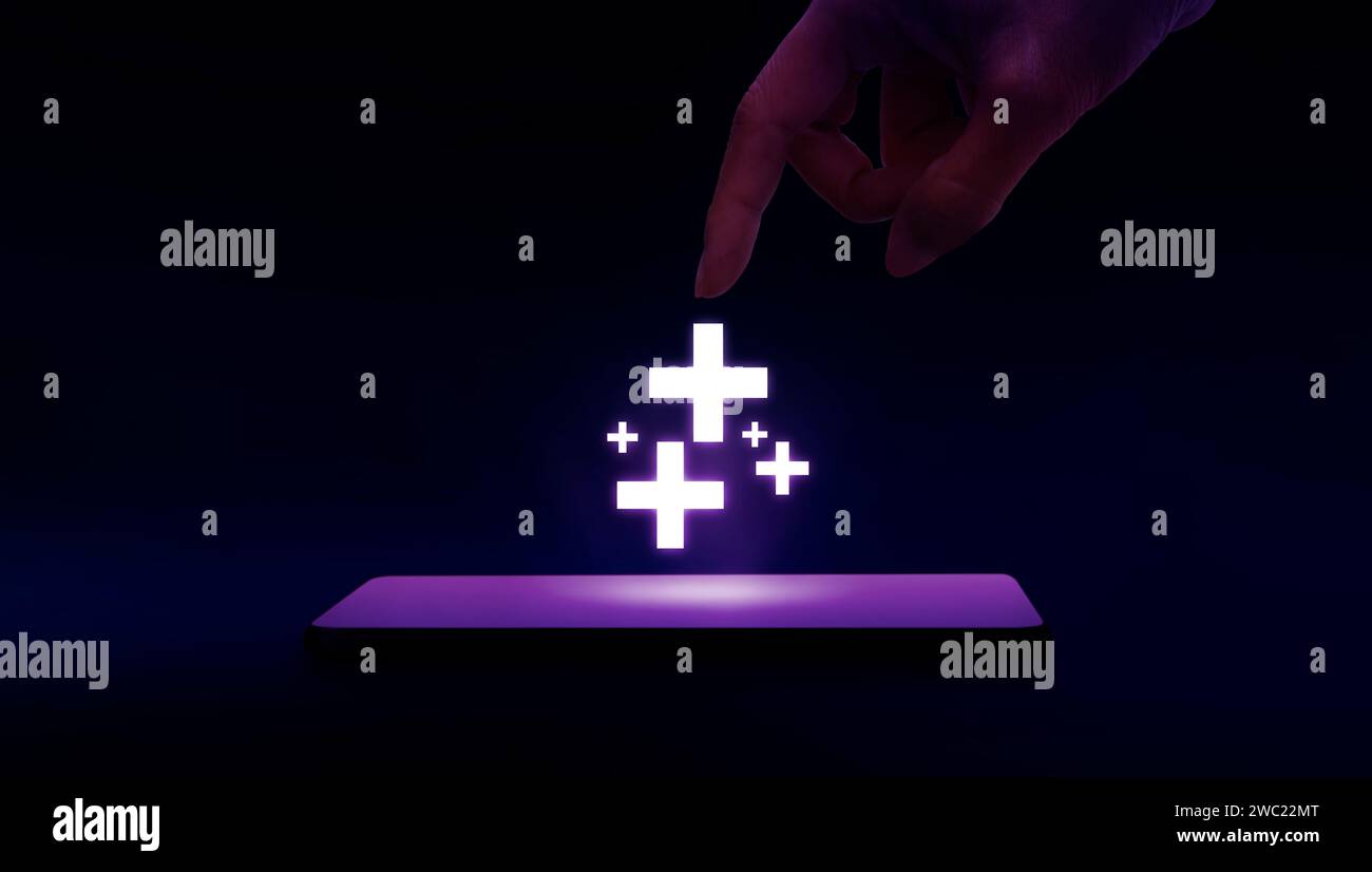 Hand holding touch mobile phone screen glows with the icon plus on the ...