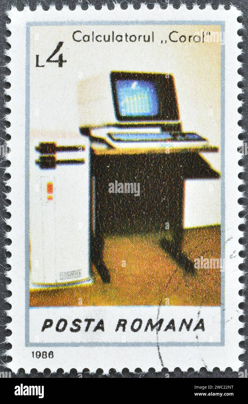 Cancelled postage stamp printed by Romania, that shows Computer 'Coral ...