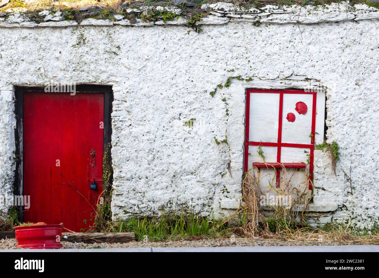 Old Irish cottage with whitewashed wall and red door, Portmagee, County ...