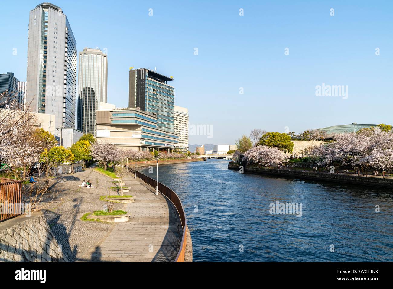 View from Shinshigino Bridge of Osaka Business park with the IMP building, Panasonic Twin Towers ...