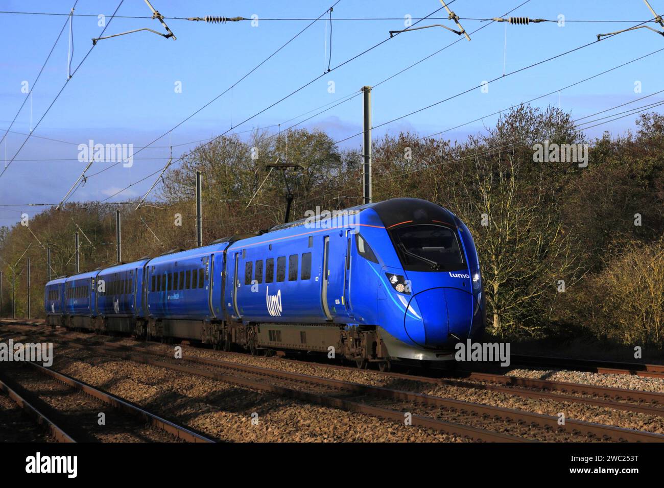 Lumo trains 803001 train, East Coast Main Line near Peterborough City ...