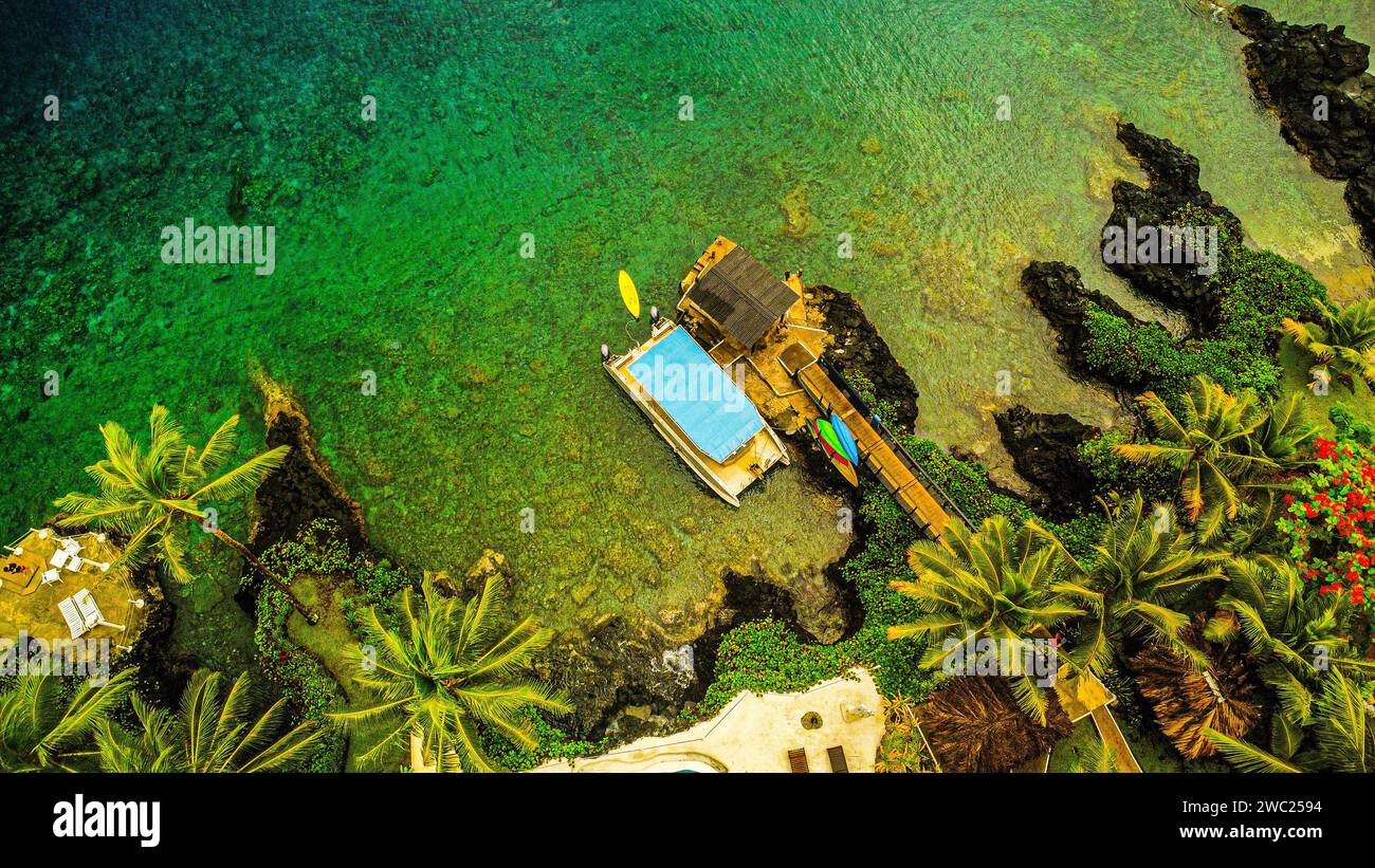 An aerial top view of a resort on the lush green coast of Taveuni ...