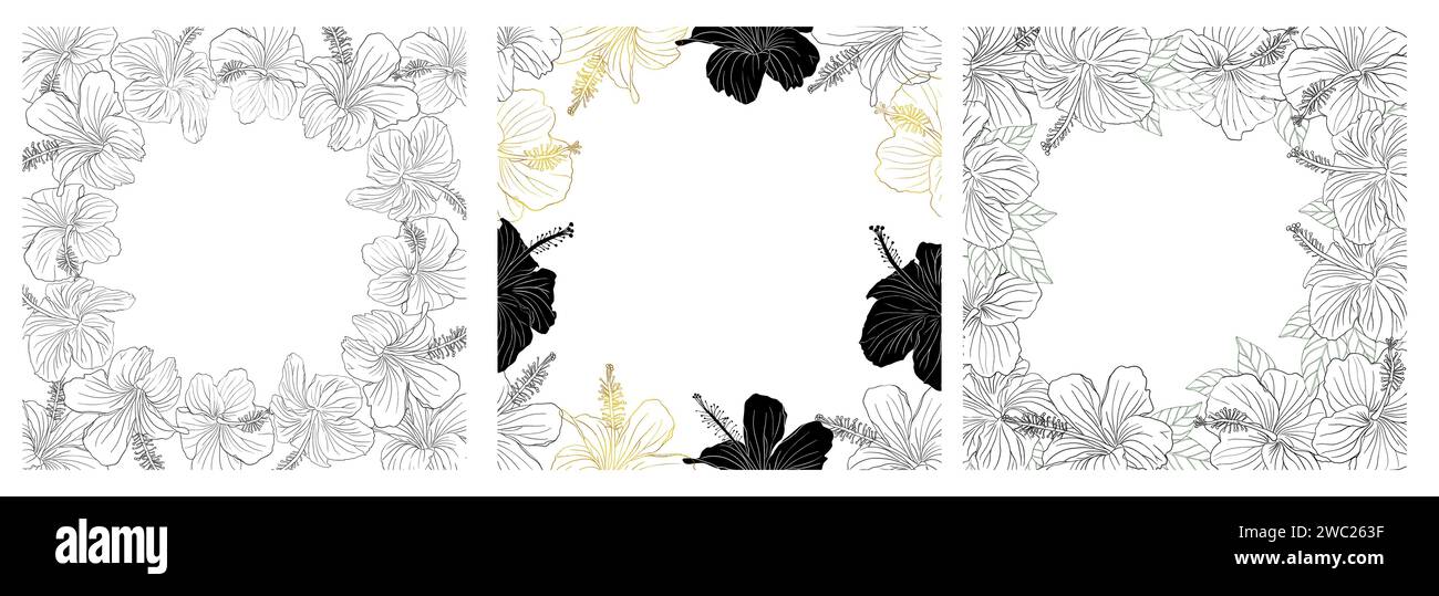 Hibiscus pink flower silhouette and line art seamless pattern for ...