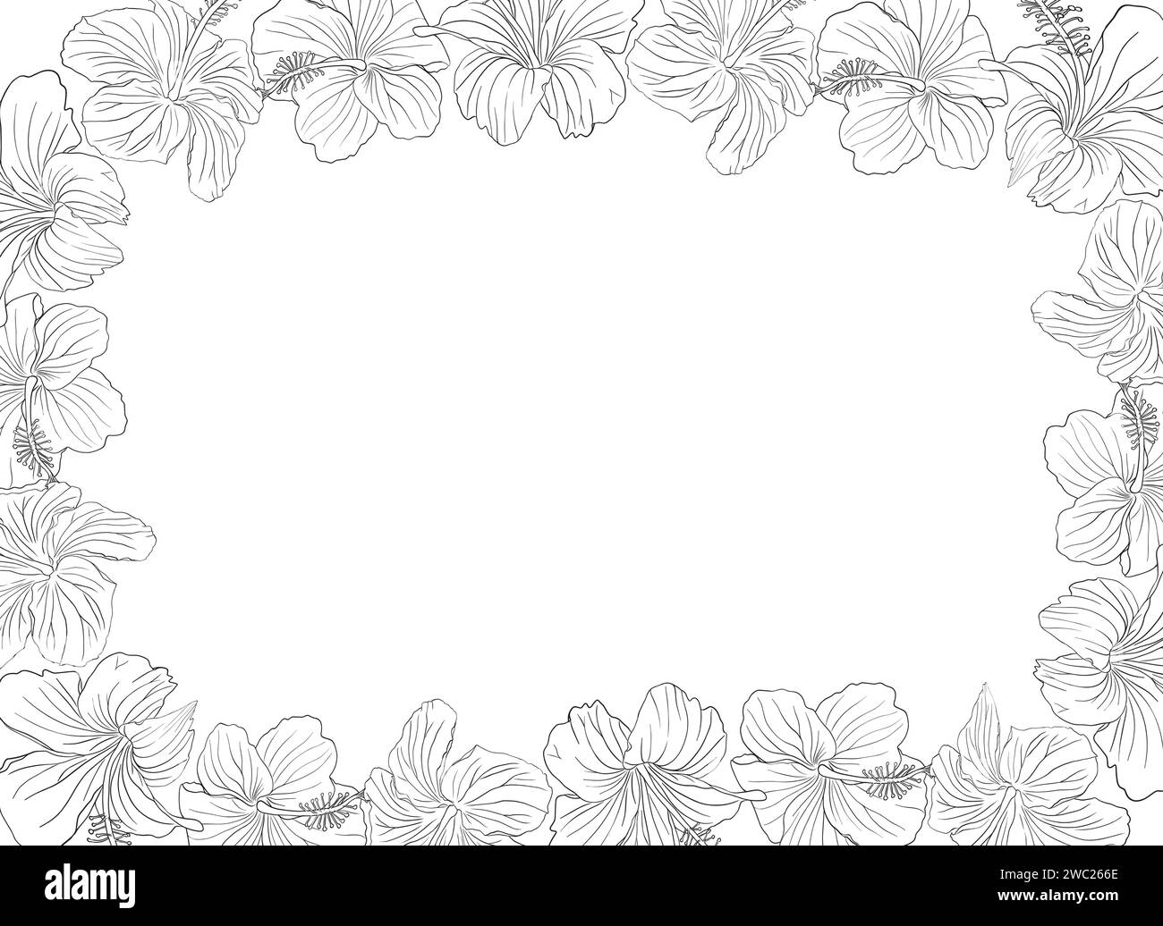 Hibiscus pink flower silhouette and line art seamless pattern for ...