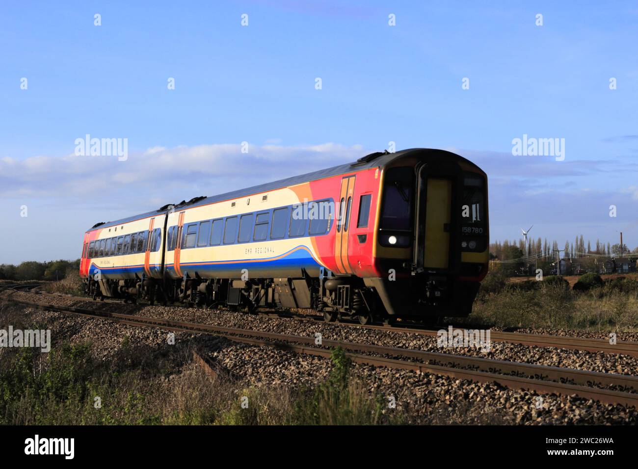 East Midlands train 158 780 passing Whittlesey town, Fenland ...