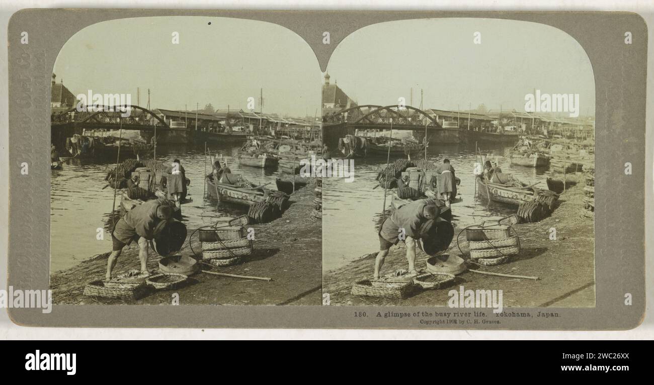 People and boats along a river in Yokohama, T. Enami (Possible), 1902 ...