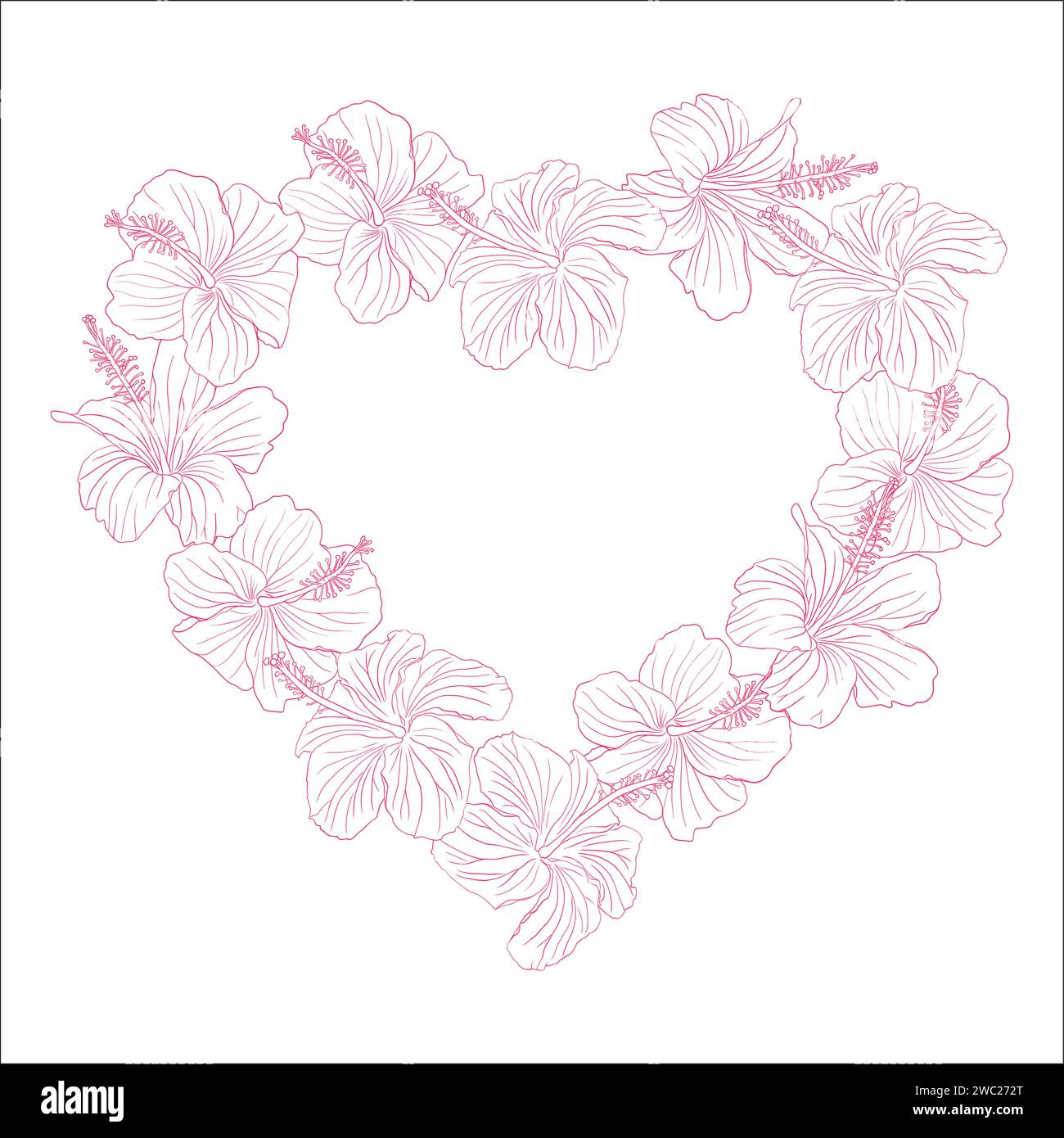 Hibiscus flower pink hearts wreath. Can be used for wedding invitations ...