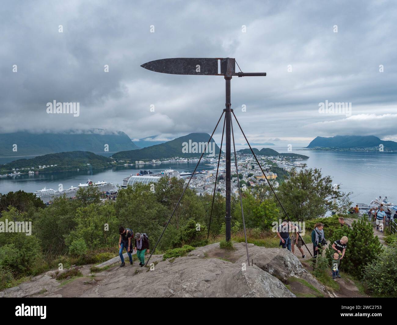 Wind vane sculpture on top of Mount Aksla in Alesund, Norway Stock ...