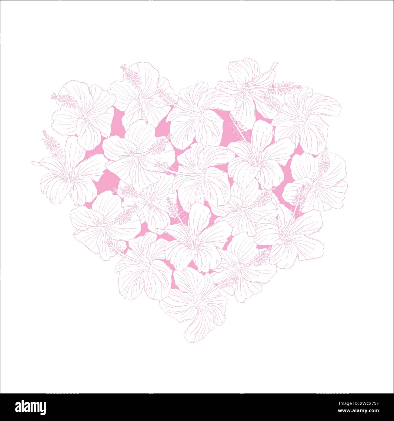 Hibiscus flower pink hearts wreath. Can be used for wedding invitations ...