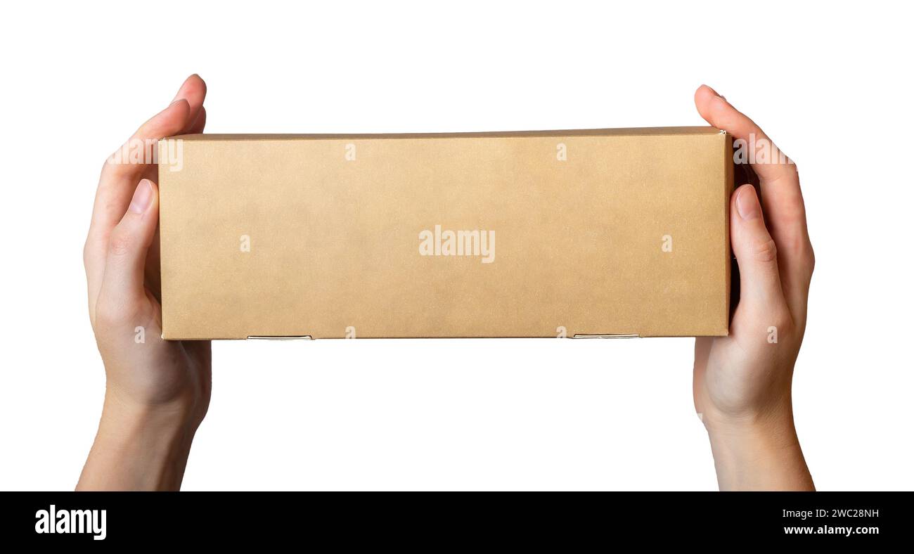 Kraft box in hand. Holding narrow rectangle-shaped cardboard isolated ...