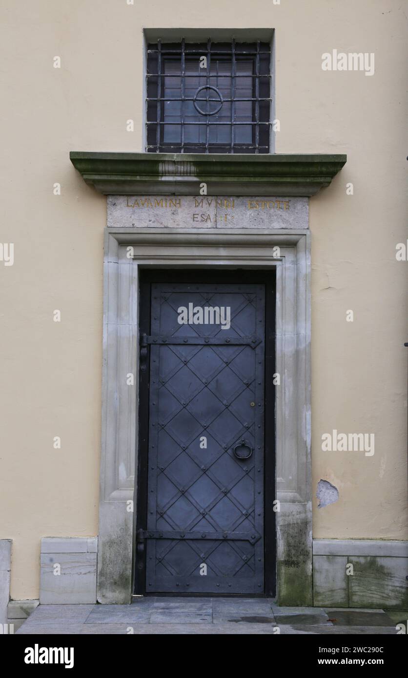 Old beautiful metal door, porch and window in a medieval house Stock ...