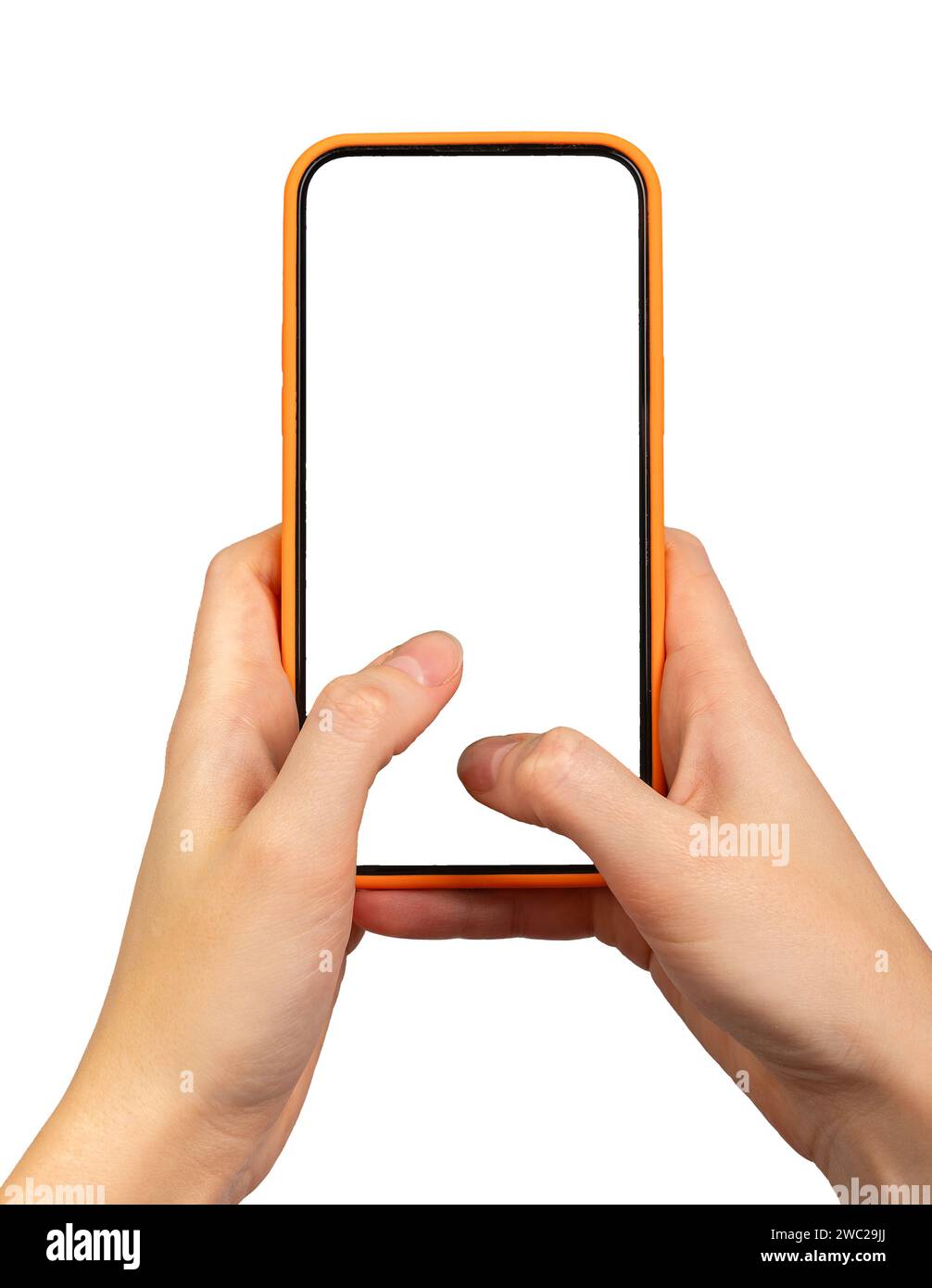 Mobile phone mockup and fingers texting on blank screen, smartphone ...