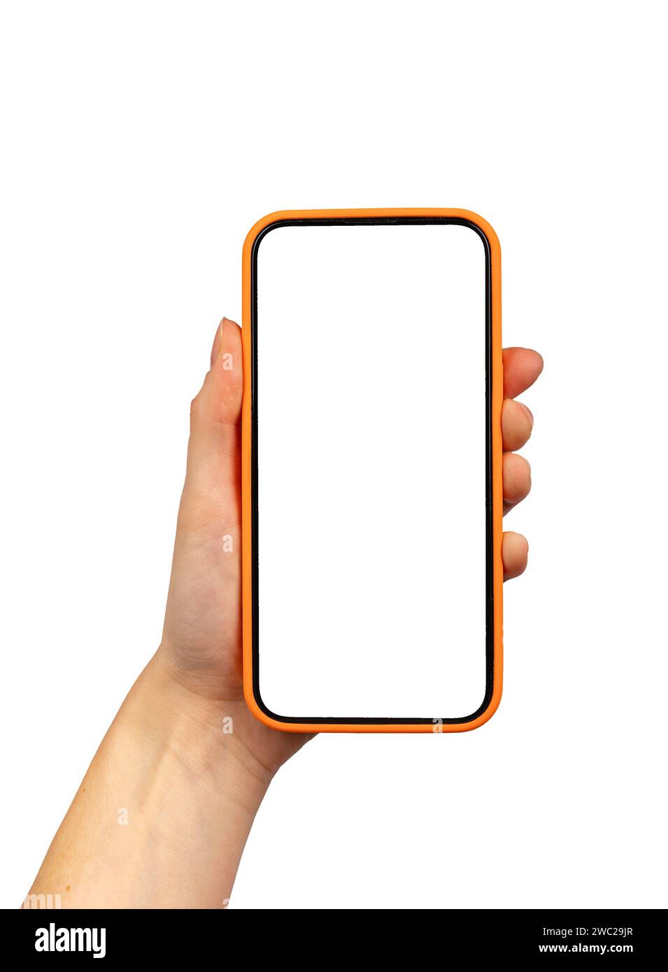 Mobile phone screen mockup in hand isolated on white background ...