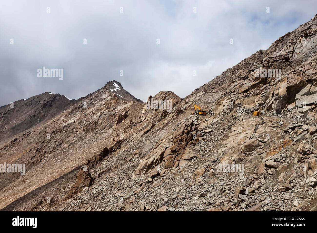 Landslide at Khardung La pass in Ladakh. High altitude road in North ...