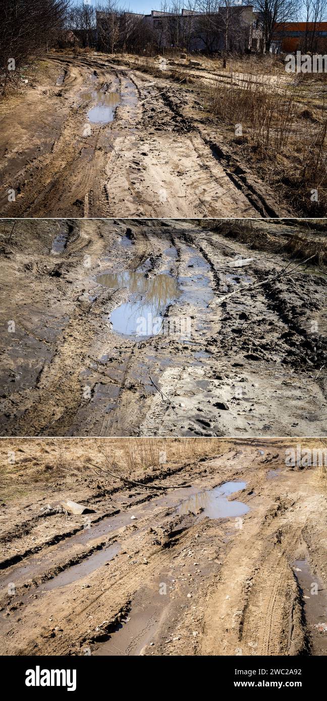 Collection of images with deep car rut on a dirt road. Empty ...