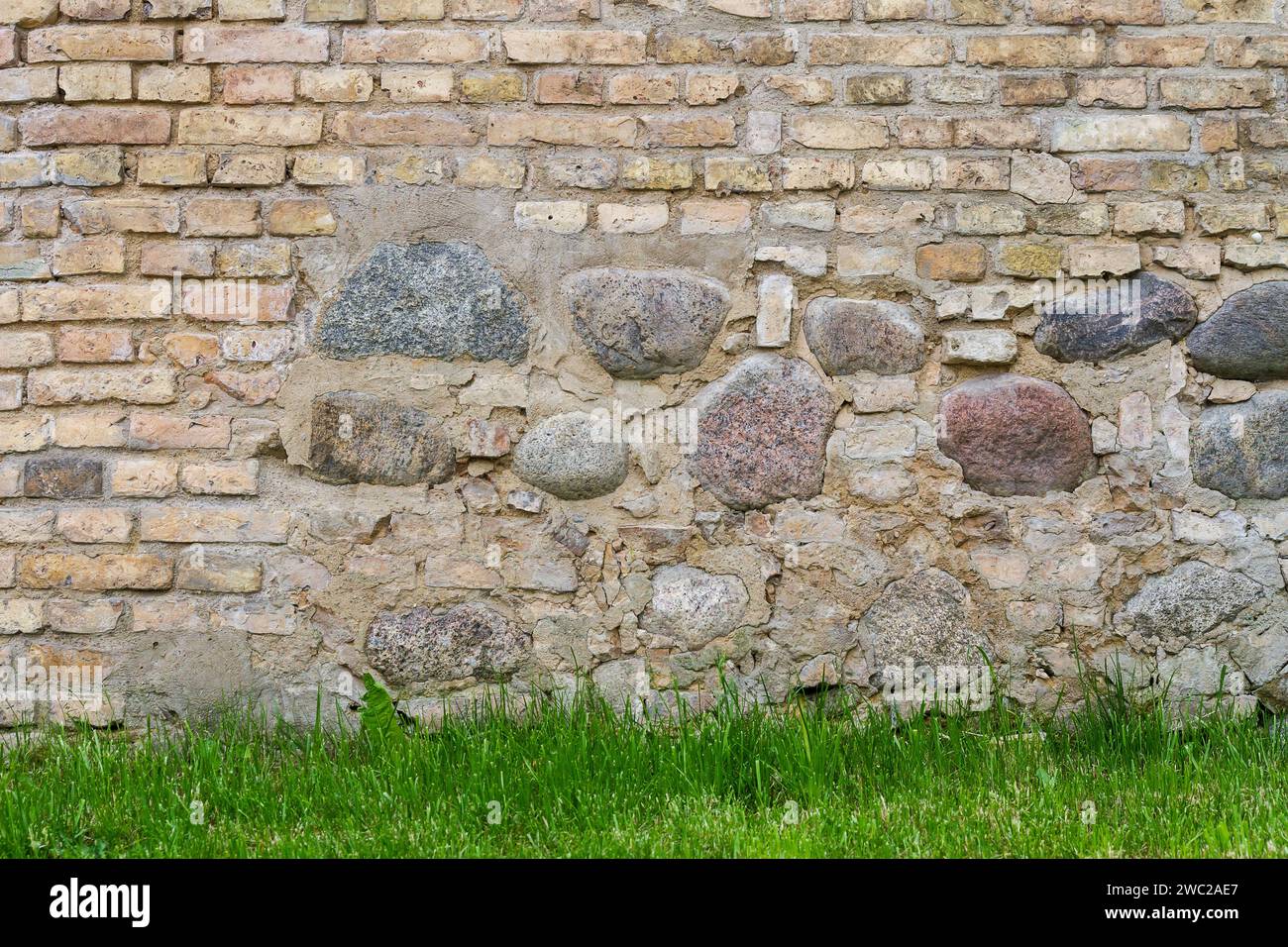 Wall texture with pieces of old bricks mixed with exposed round stones ...